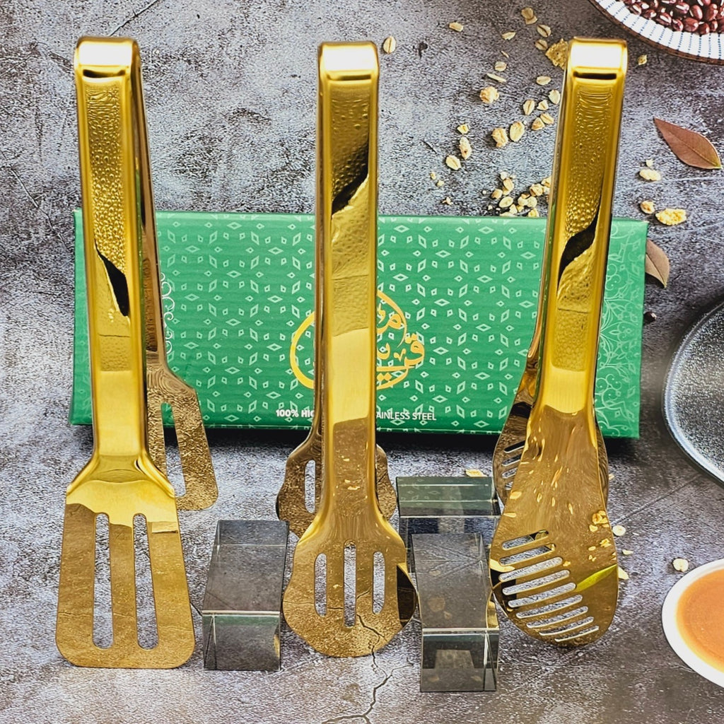 3 Large Golden Tongs-9 Inches Serving Tongs-set of 3 – Qareenay Manzil